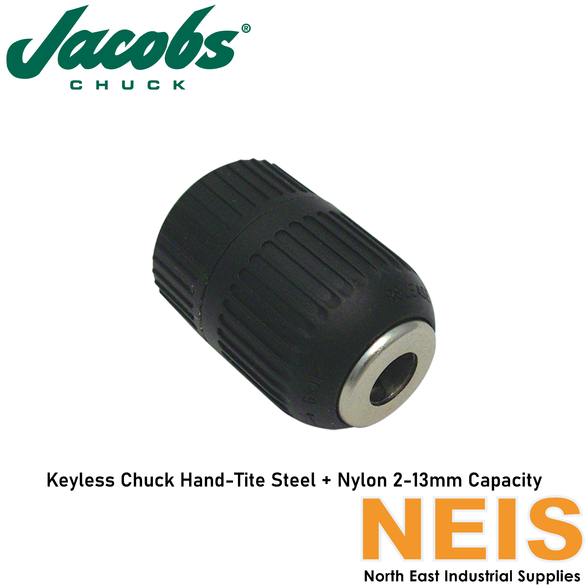JACOBS Keyless Chuck Hand-Tite Steel & Nylon 2-13mm 3/8-24 UNF Mount